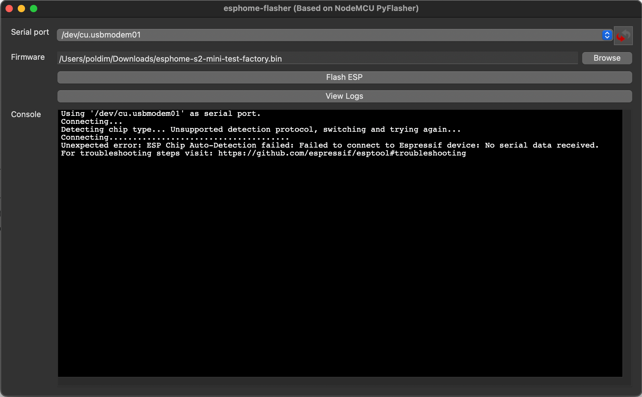 Flashing an ESP32-S2 Mini on a Mac